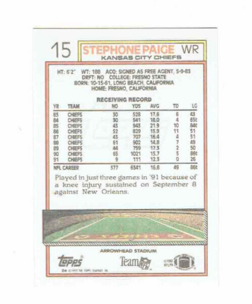 Stephone Paige Kansas City Chiefs WR #15 Topps 1992 Football Card | eBay