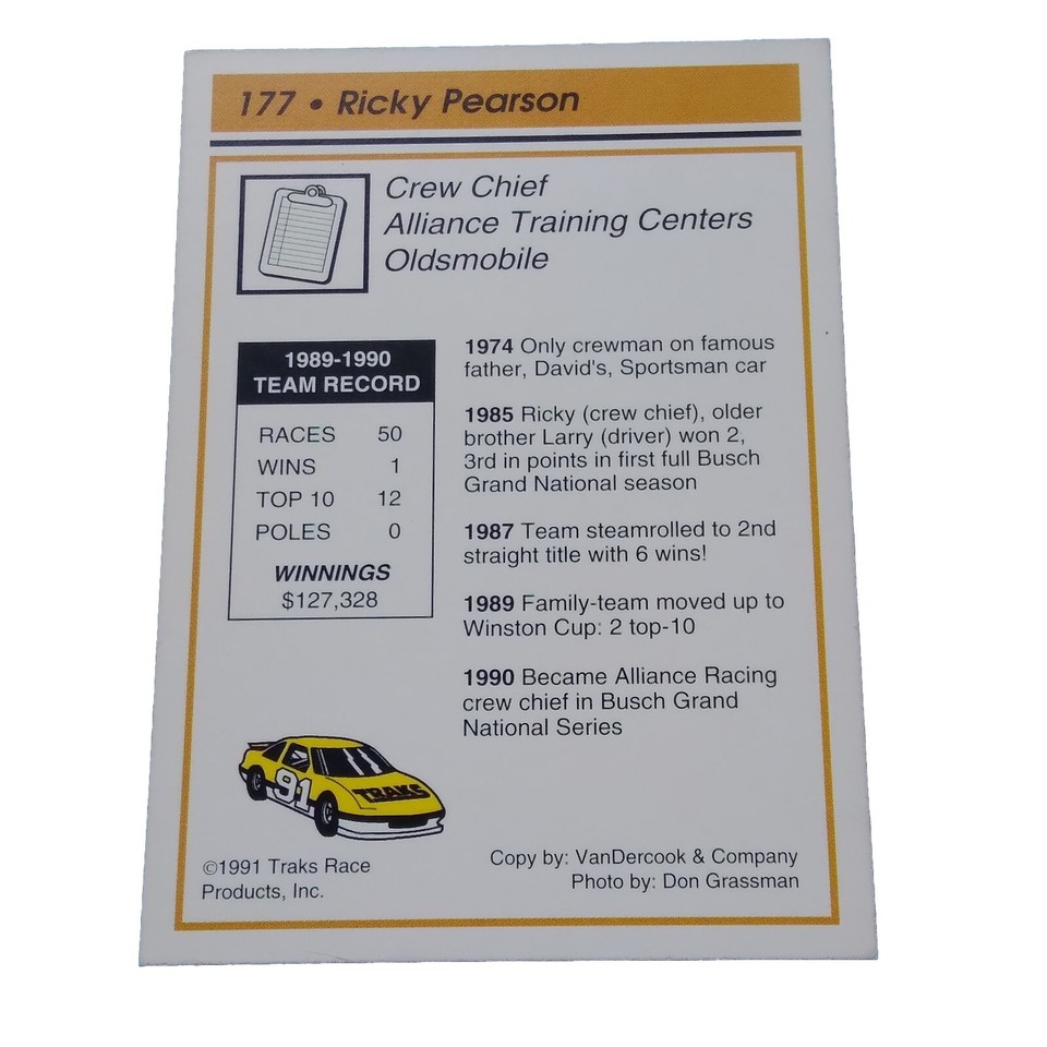 1991 Traks Ricky Pearson #177 Crew Chief Alliance Training Centers ...