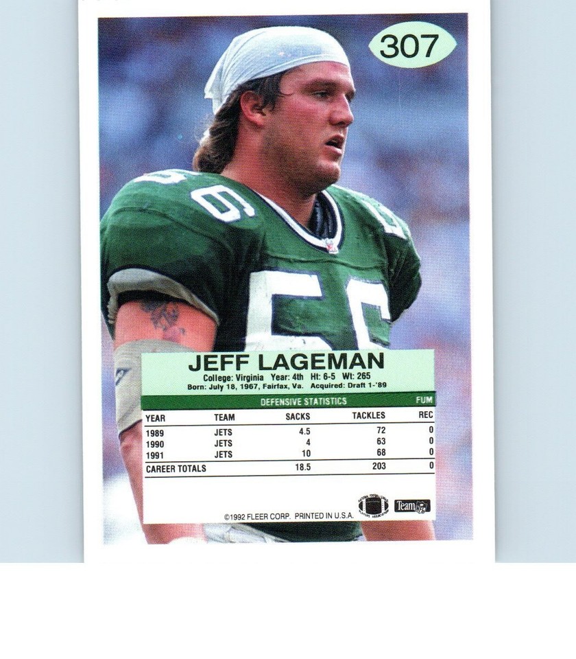 Jeff Lageman 307 Jets 1992 Fleer NFL Football Trading Card | eBay