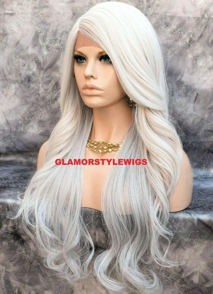 LACE FRONT FULL WIG LONG STRAIGHT SIDE PART OFF WHITE SILVER GRAY MIX ...