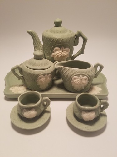 Vintage Green Jasperware Miniature Tea Set Green White Rose | eBay