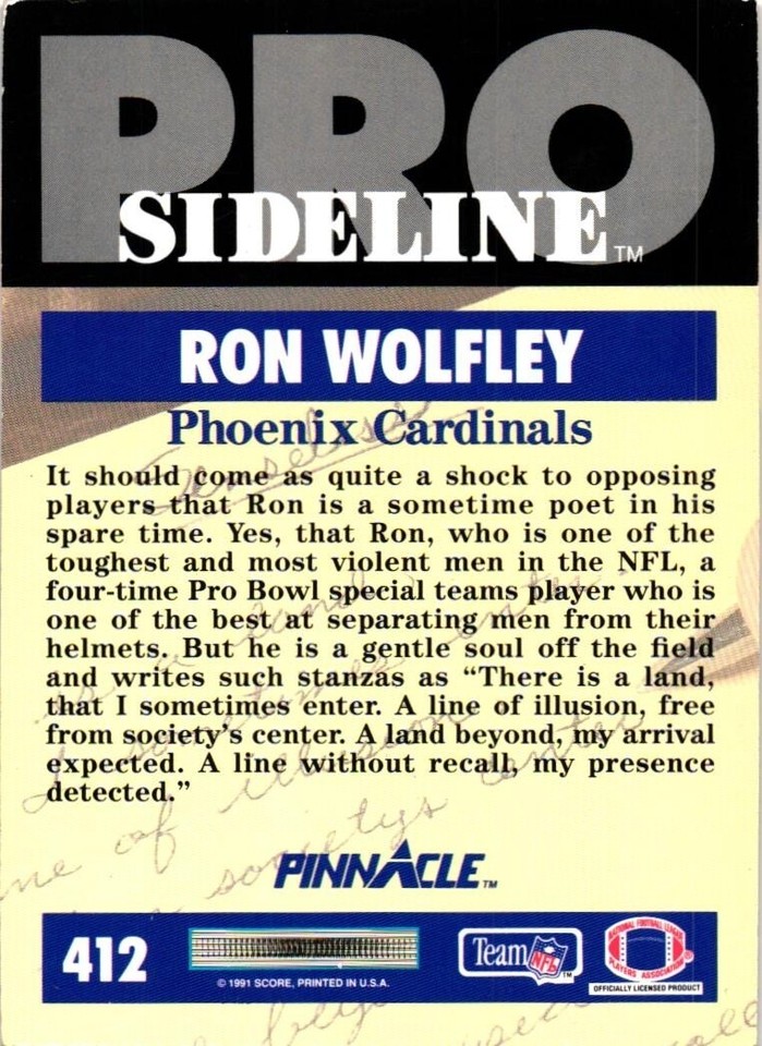 1991 Pinnacle Pro Sideline Ron Wolfley #412 Arizona Cardinals NrMt | eBay