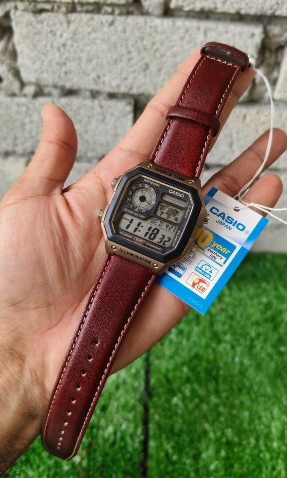 Casio AE-1200WHL-5A Digital Brown Leather World Time World Map Sporty ...