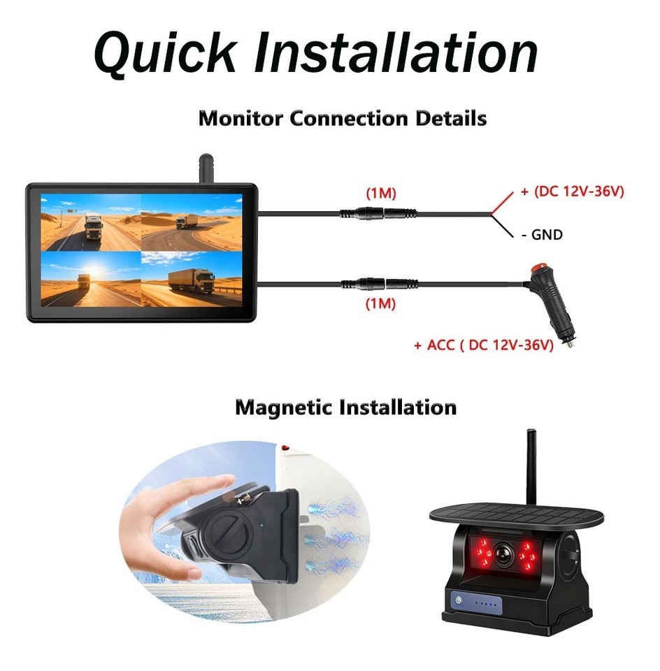 Magnetic Solar Wireless Backup Camera 7'' DVR Kit HD 1080P For RV ...