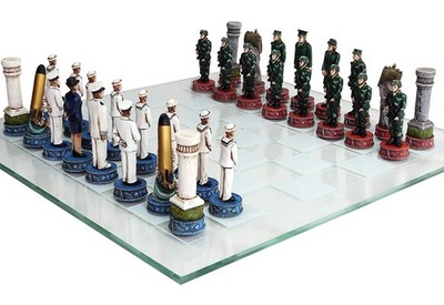 US Army vs Navy Military Chess Set Hand Painted with Glass Board, 2 ...