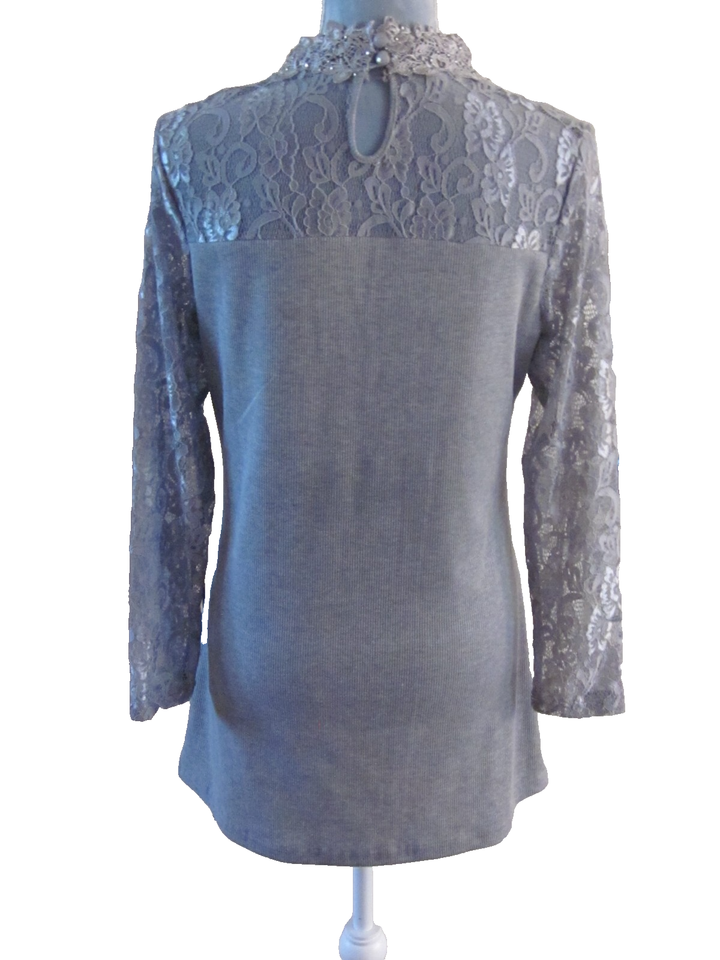 Pretty Angel Tunic Top Size Med Gray Long Sleeve w/Lace Applique ...