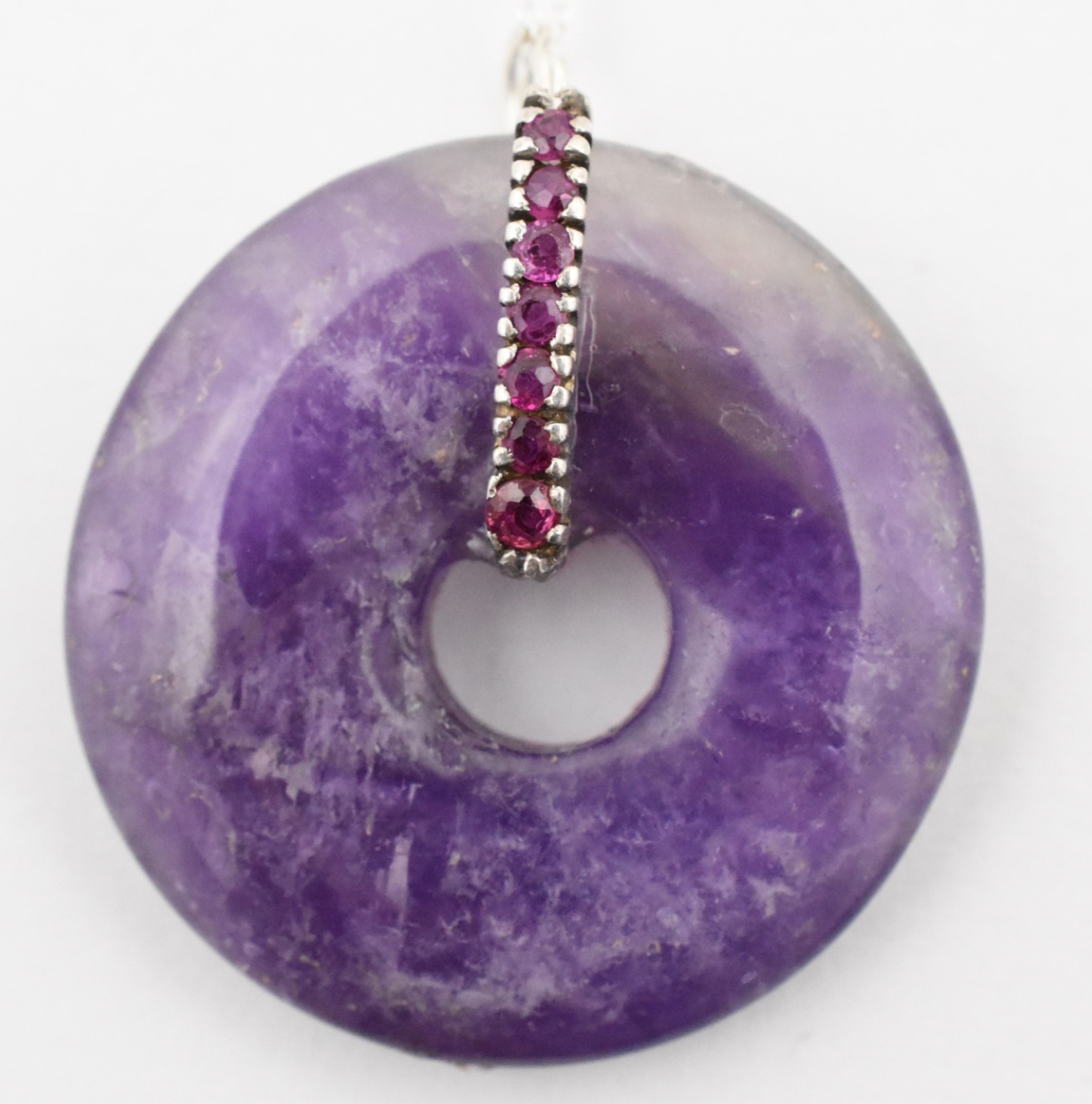 30mm Natural Amethyst Donut Pendant w/Ruby Bail 18" Sterling Silver ...