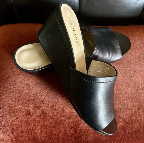 David Tate - “Millie” Black Lambskin Open-Toe Wedge Heel Slide Mules ...