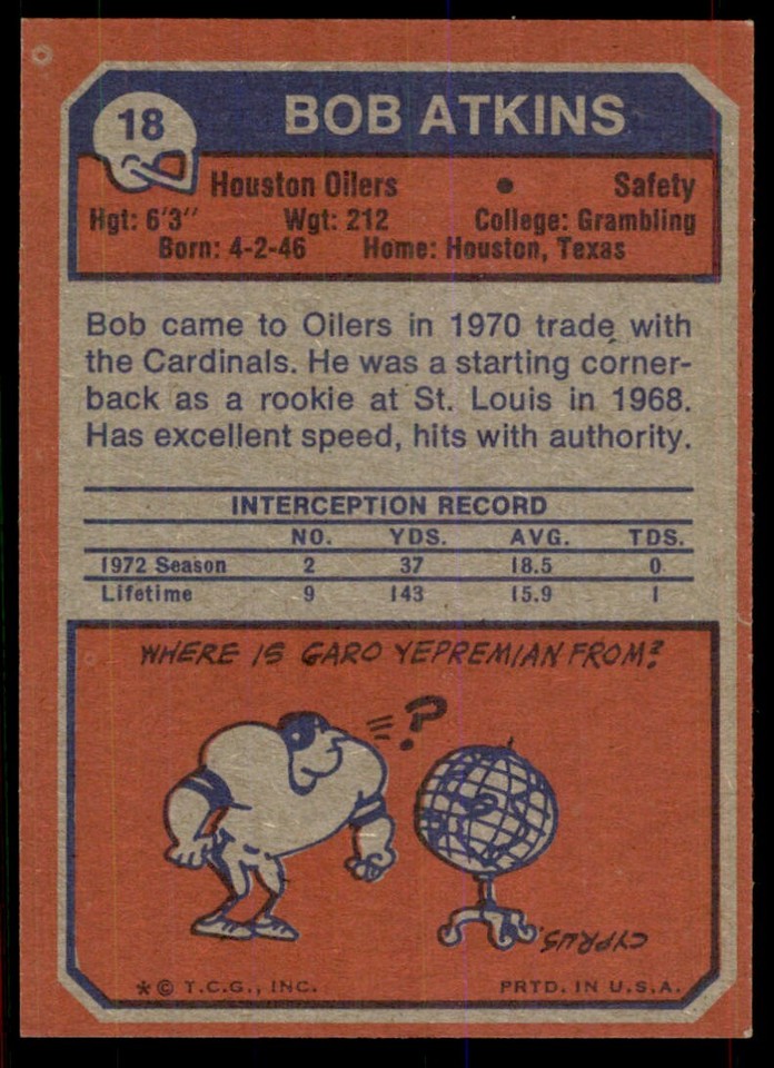 1973 Topps Football Cards Bob Atkins Rookie Houston Oilers #18 | eBay