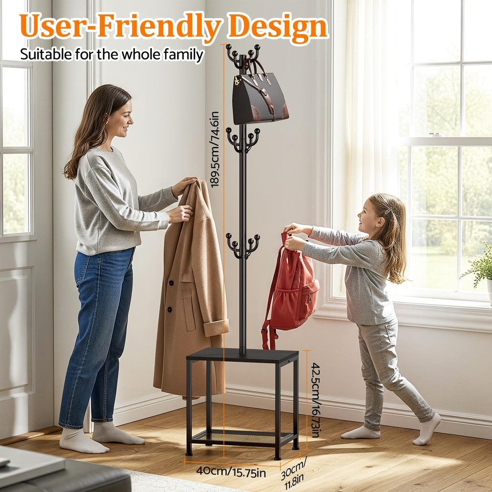 Hall Tree with Bench and Shoe Storage, Coat Rack Freestanding Coat Rack ...