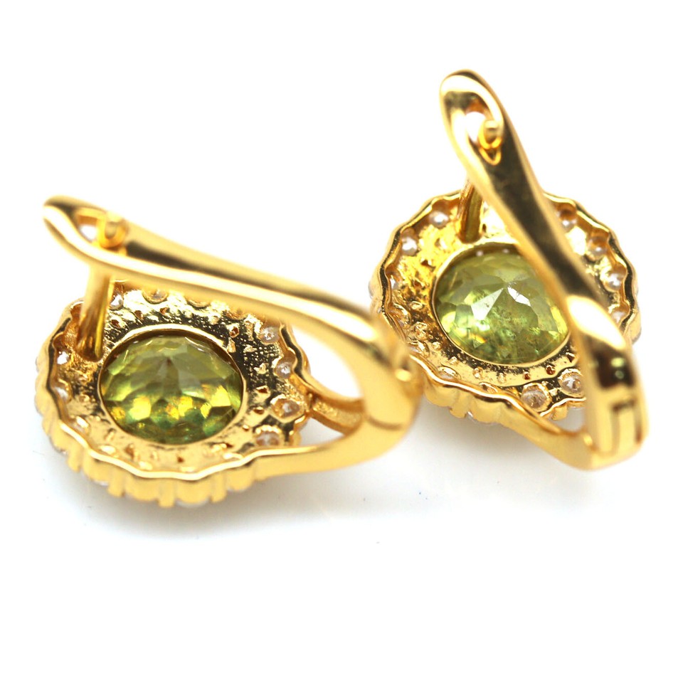 925 Sterling Silver 7 mm. Green Sphene & White Zircon Earrings | eBay