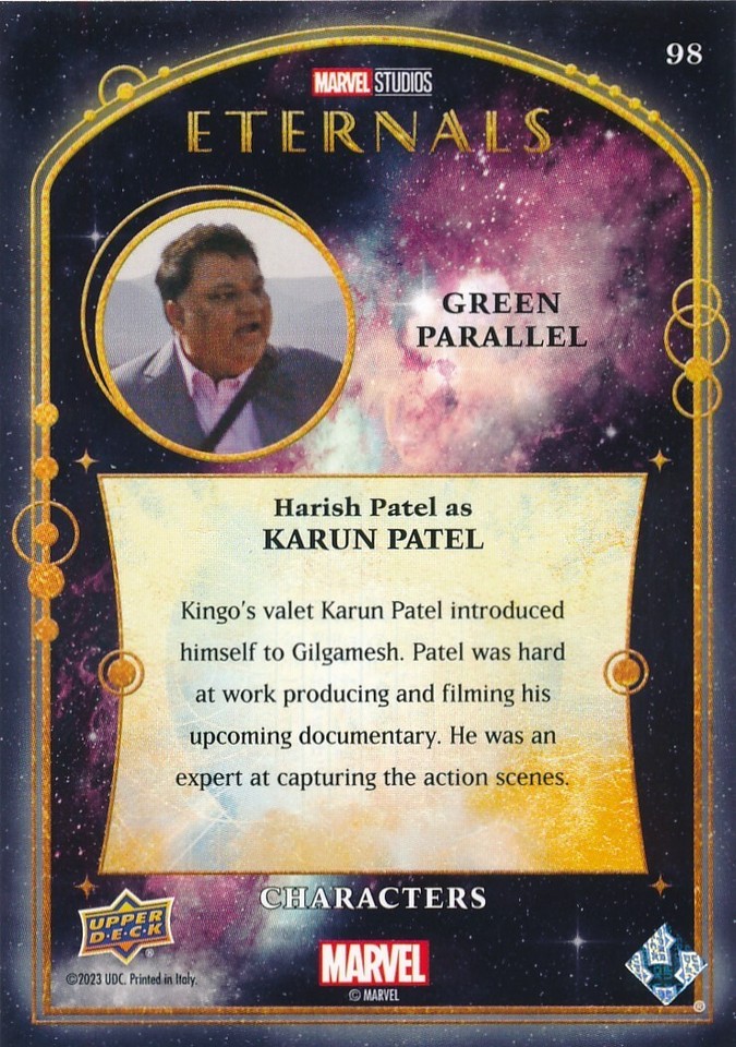 #98 HARISH PATEL AS KARUN PATEL 2023 Upper Deck Marvel Eternals GREEN ...