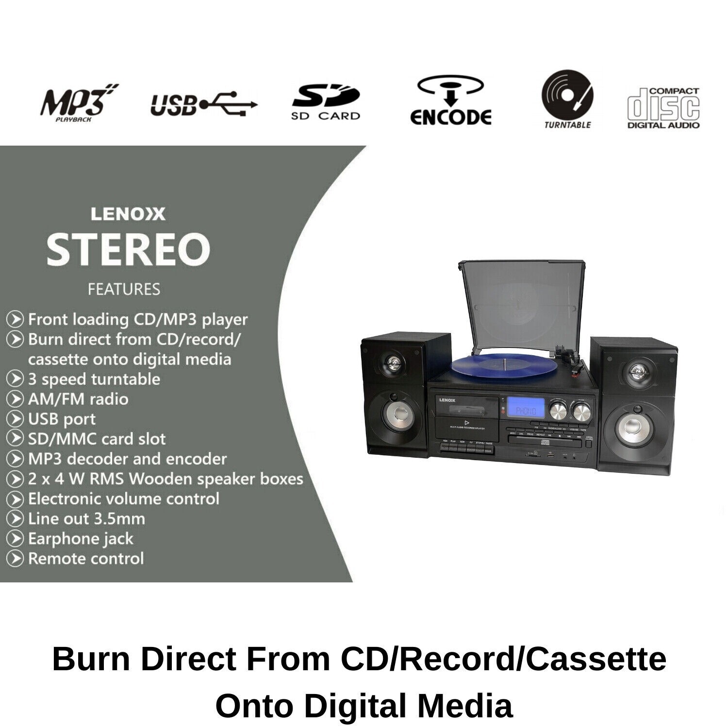 Stereo System Bluetooth Turntable Vinyl Record CD Player Cassette ...