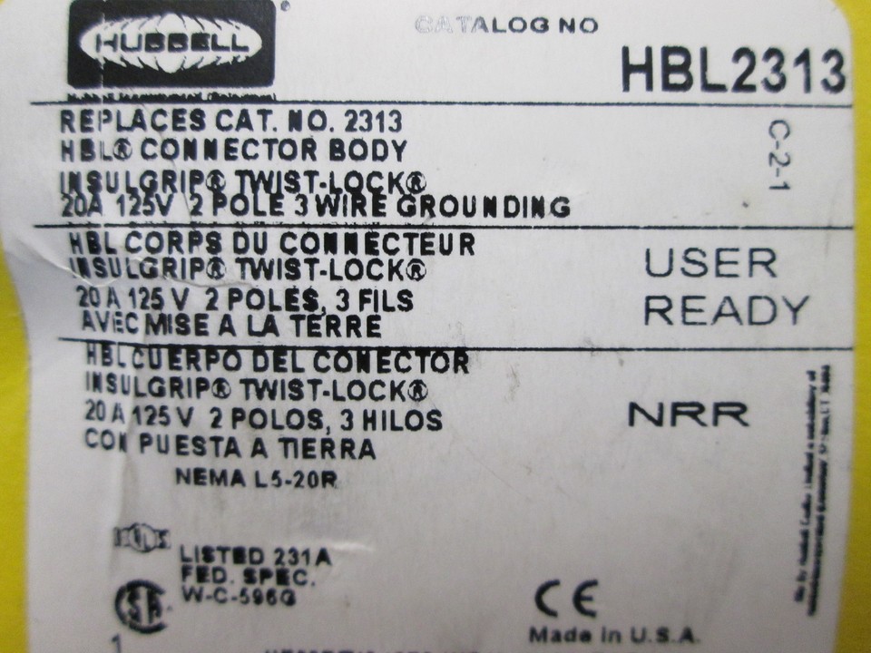 HUBBELL HBL2313 PLUG FEMALE CONNECTOR 20A 125V 2-POLE 3-WIRE TWIST-LOCK ...