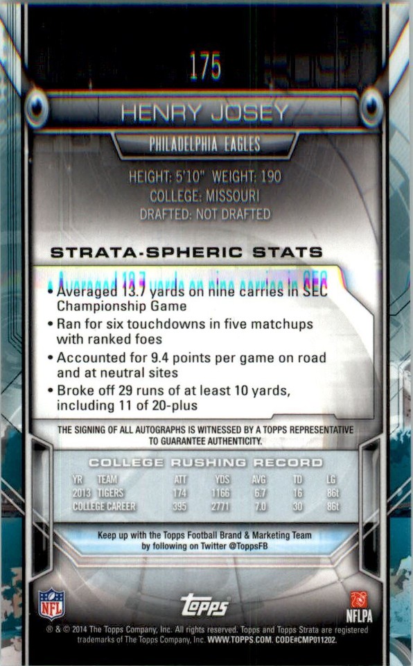 2014 Topps Strata Autographs Bronze #175 Henry Josey /150 | eBay