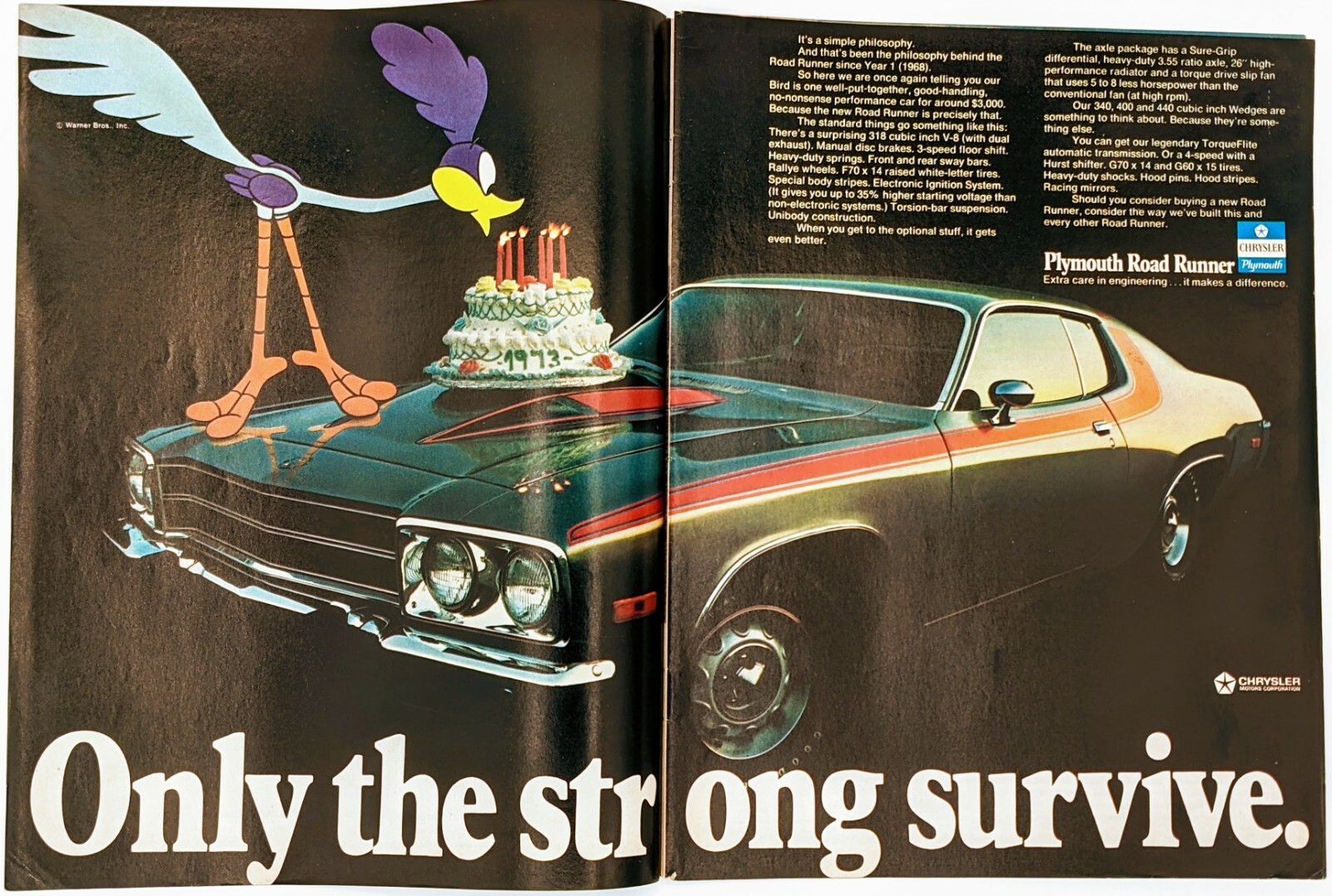 1973 Plymouth Road Runner Ad Original Vintage Drawn Road Runner 2 Page ...