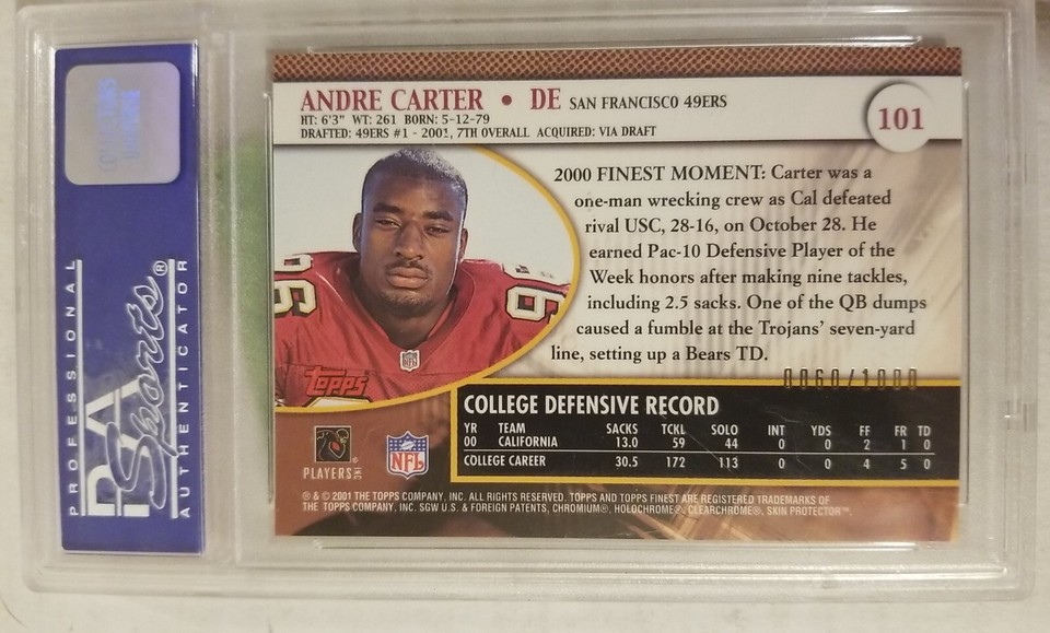 2001 Topps Finest Refractor Rookie 60/1000 Andre Carter #101 PSA 10 Gem ...