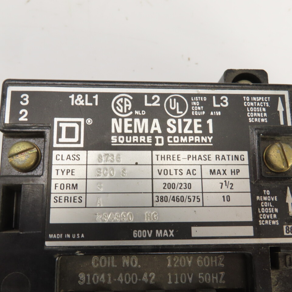 Square D 8736 Nema Size 1 Reversing Contactor 7-1/2-10HP 600VAC 120V ...