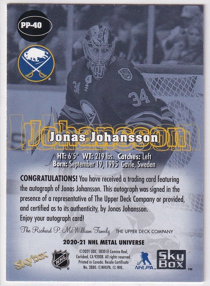 2020-21 Metal Universe Retro Autograph Rubies Jonas Johansson RC AUTO ...