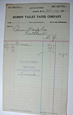 Mar. 1, 1912 Hudson Valley Paper Co.Invoice Sent to Company in ...