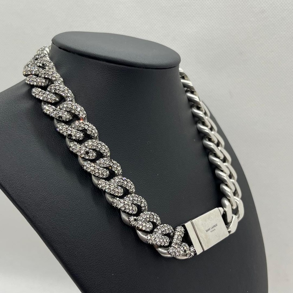 Excellent Saint Laurent Paris Necklace Choker Rhinestone Silver Tone ...