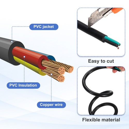 12AWG 3 Conductor Wire SJTW Outdoor Extension Power Cable, 300V, 100ft ...