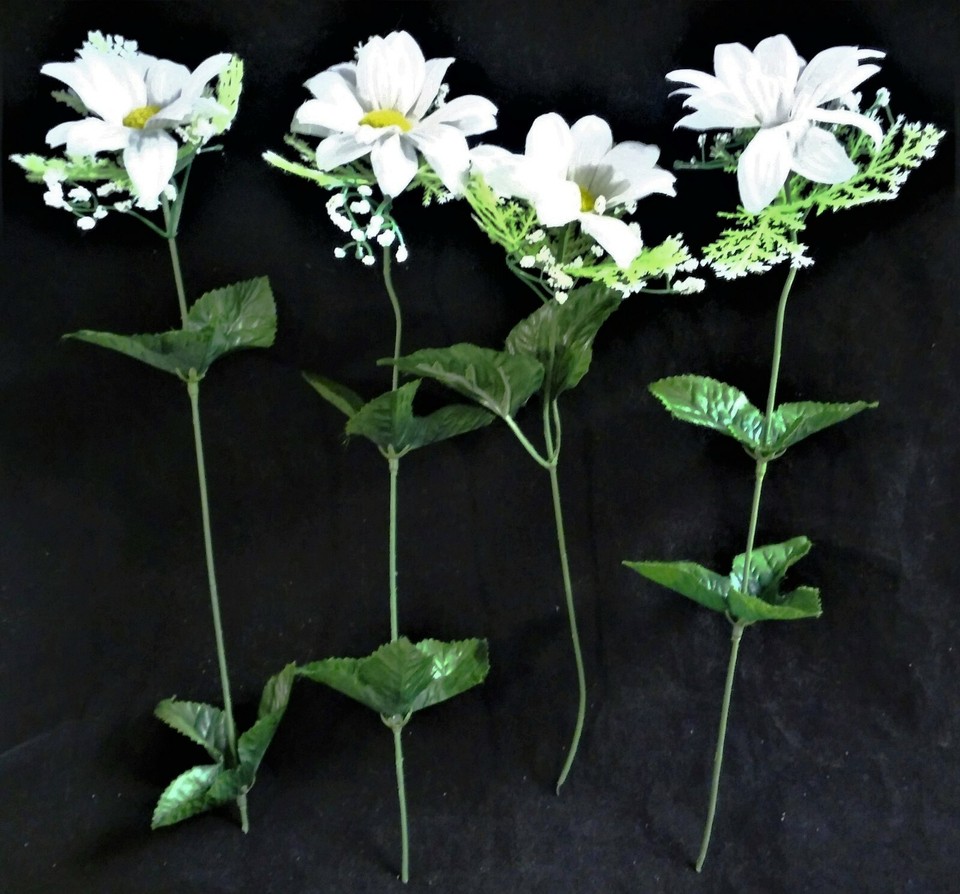 Artificial White Daisies w/White & Green Leaves-4 Loose Stems-Up to 14 ...