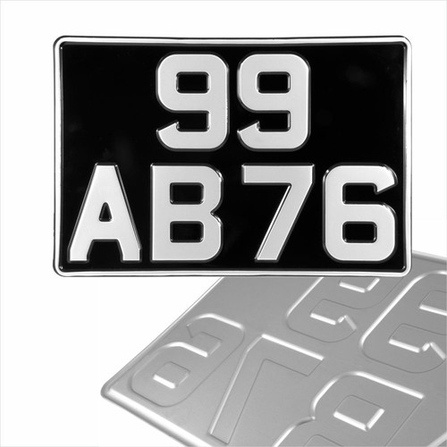 2x SQUARE 12x8 Black and Silver Pressed Number Plates Metal Classic ...