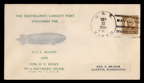 DR WHO 1934 USS VIREO NAVY SHIP USS MACON AIRSHIP WELCOME CACHET k70306 ...