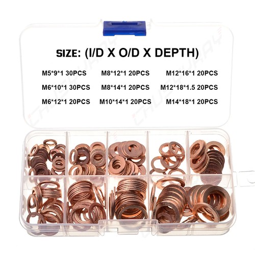 200PCS M6/M8/M10 Copper Crush Washer Flat Ring Spring Washers Seal Oil ...