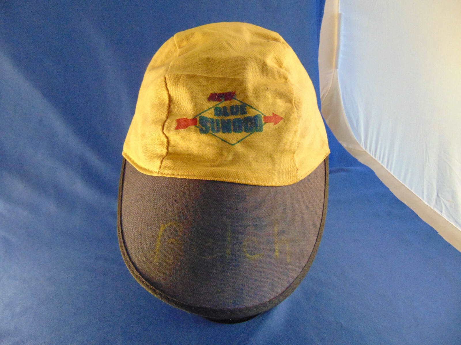 Vtg Sunoco gas station hat yellow fabric baseball style blue visor size ...