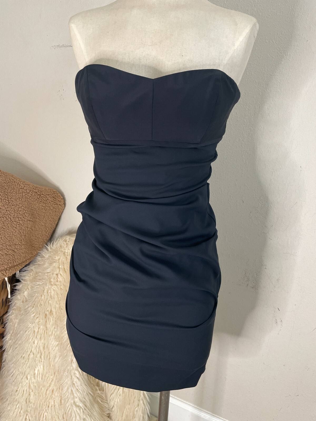 Nicole Miller Bodycon Dress Size 4 Black Ruched Strapless Silk Blend ...