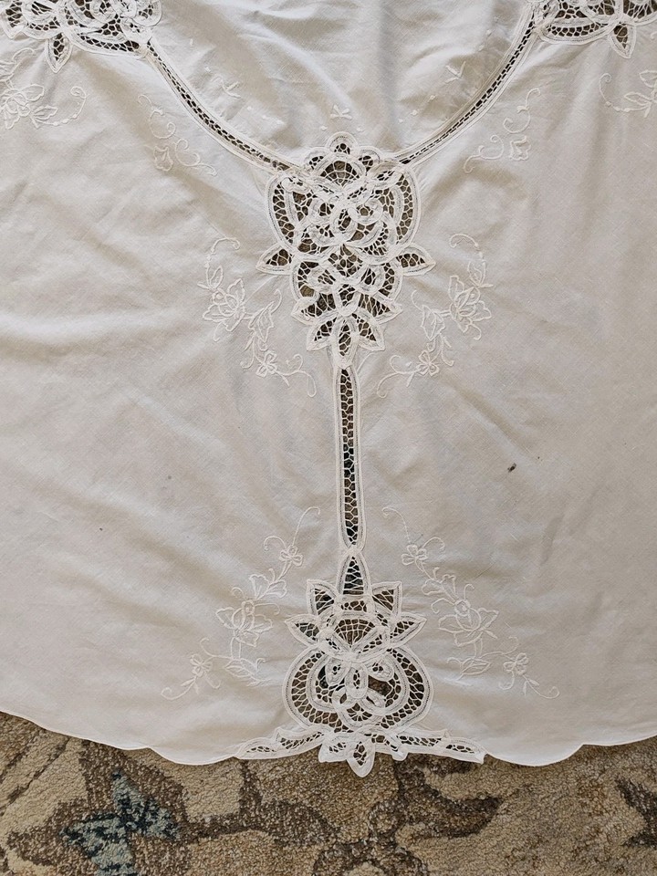 Vintage Battenburg Lace Tablecloth White Embroidery Round 59" Linen ...