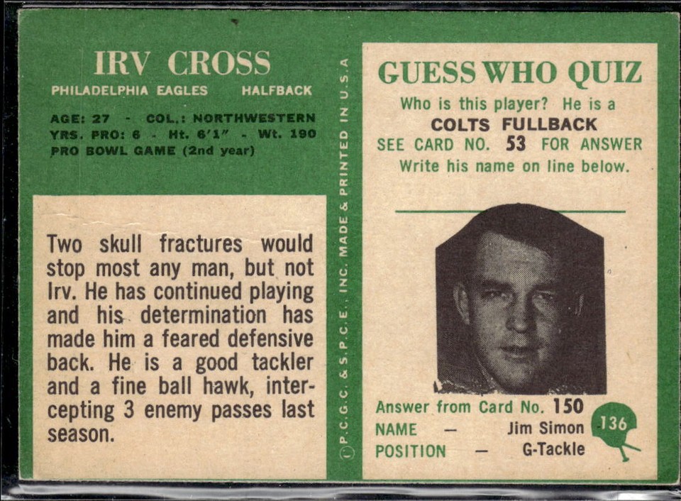 1966 Philadelphia #136 Irv Cross | eBay