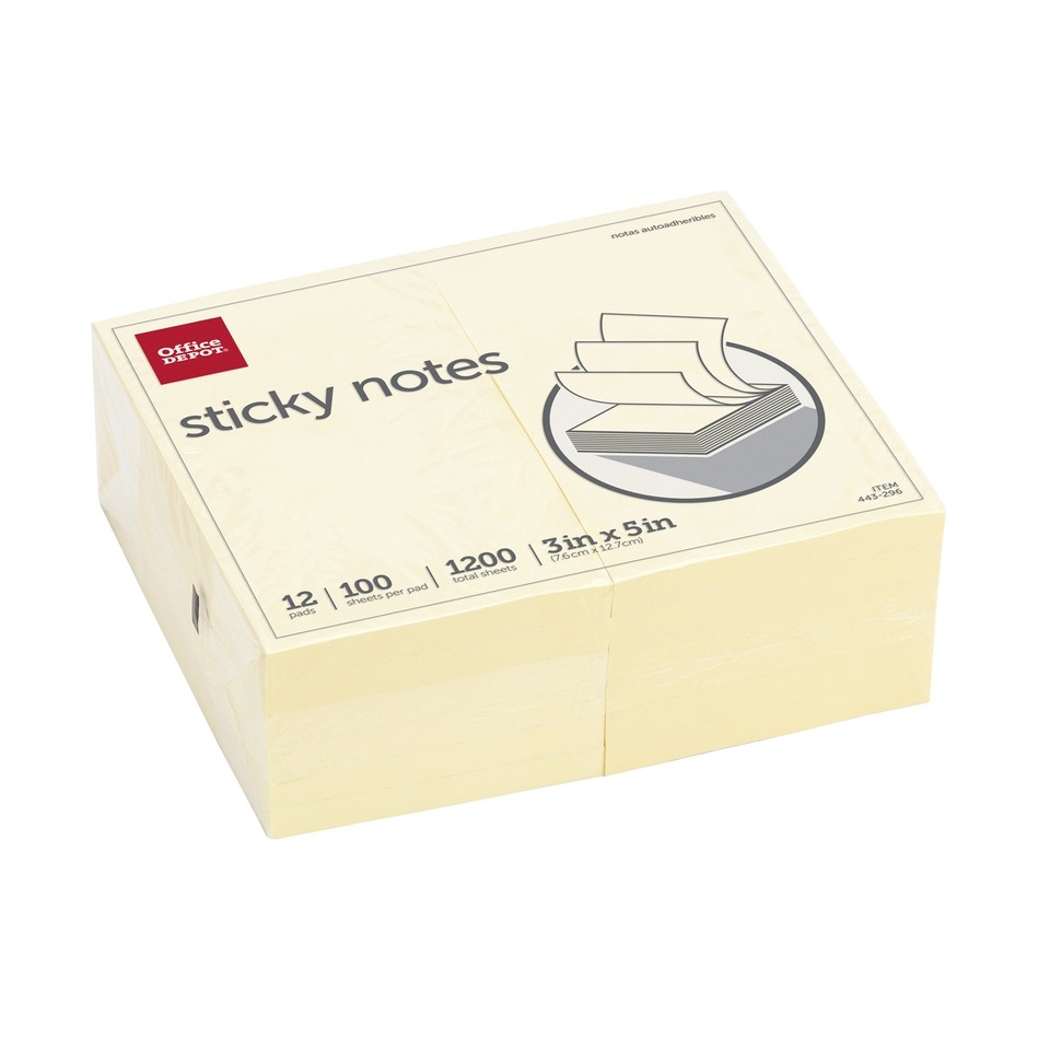 Office Depot Self-Stick Notes, 3" x 5", Yellow, 100 Sheets Per Pad, 12 ...
