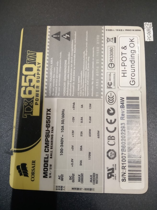 Corsair TX650W Power Supply Model CMPSU-650VX Without Power Cord Used ...