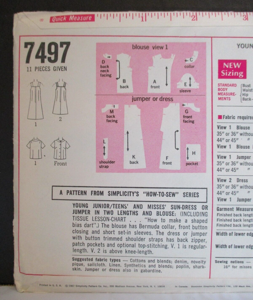 Simplicity Pattern 7497 Yng Jr/Teen Sundress Jumper & Blouse Size 5-6 ...