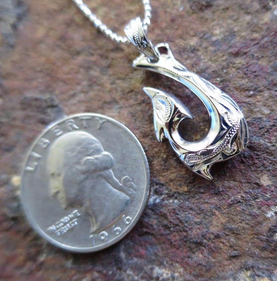 Scroll Fish Hook Hawaiian Jewelry 925 Sterling Silver Pendant Necklace ...