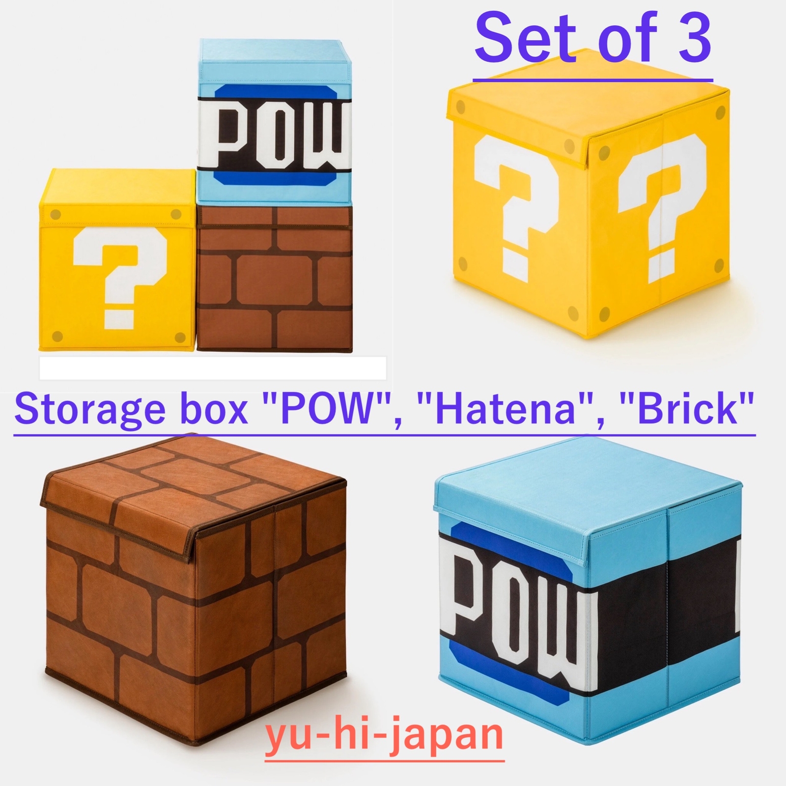 Nintendo Store Super Mario Storage Box "POW" "Hatena" "Brick" Block Set ...
