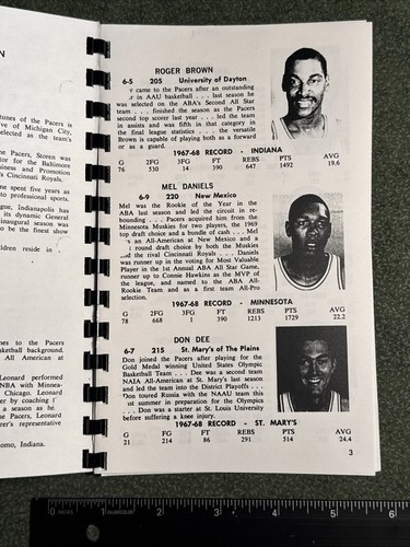 1968 1969 Indiana Pacers ABA NBA basketball media guide team yearbook ...