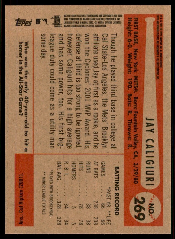 2002 Bowman Heritage Jay Caligiuri . New York Mets #269 | eBay