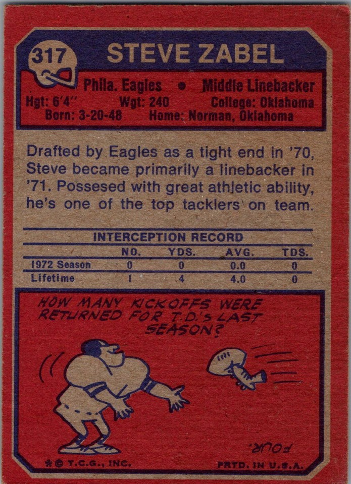 Steve Zabel 1973 Topps #317 FOOTBALL Card Philadelphia Eagles | eBay