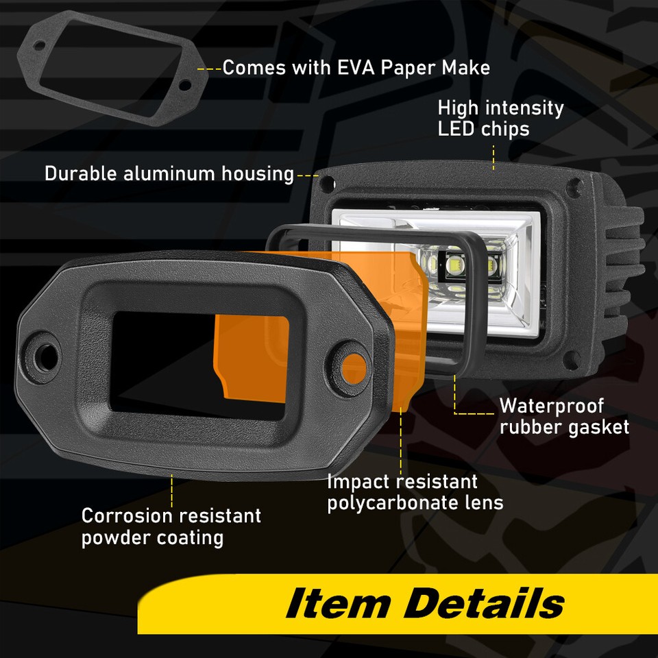 2x3/4" Amber Flush Mount LED Work Light Bar Flood Cube Pods Driving Off ...