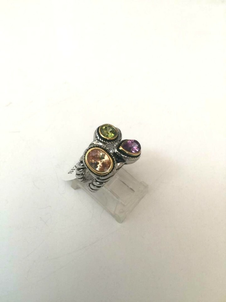 .925 STERLING SILVER PLATED RING WITH WITH 3 MULTI COLORED CZ STONES J ...