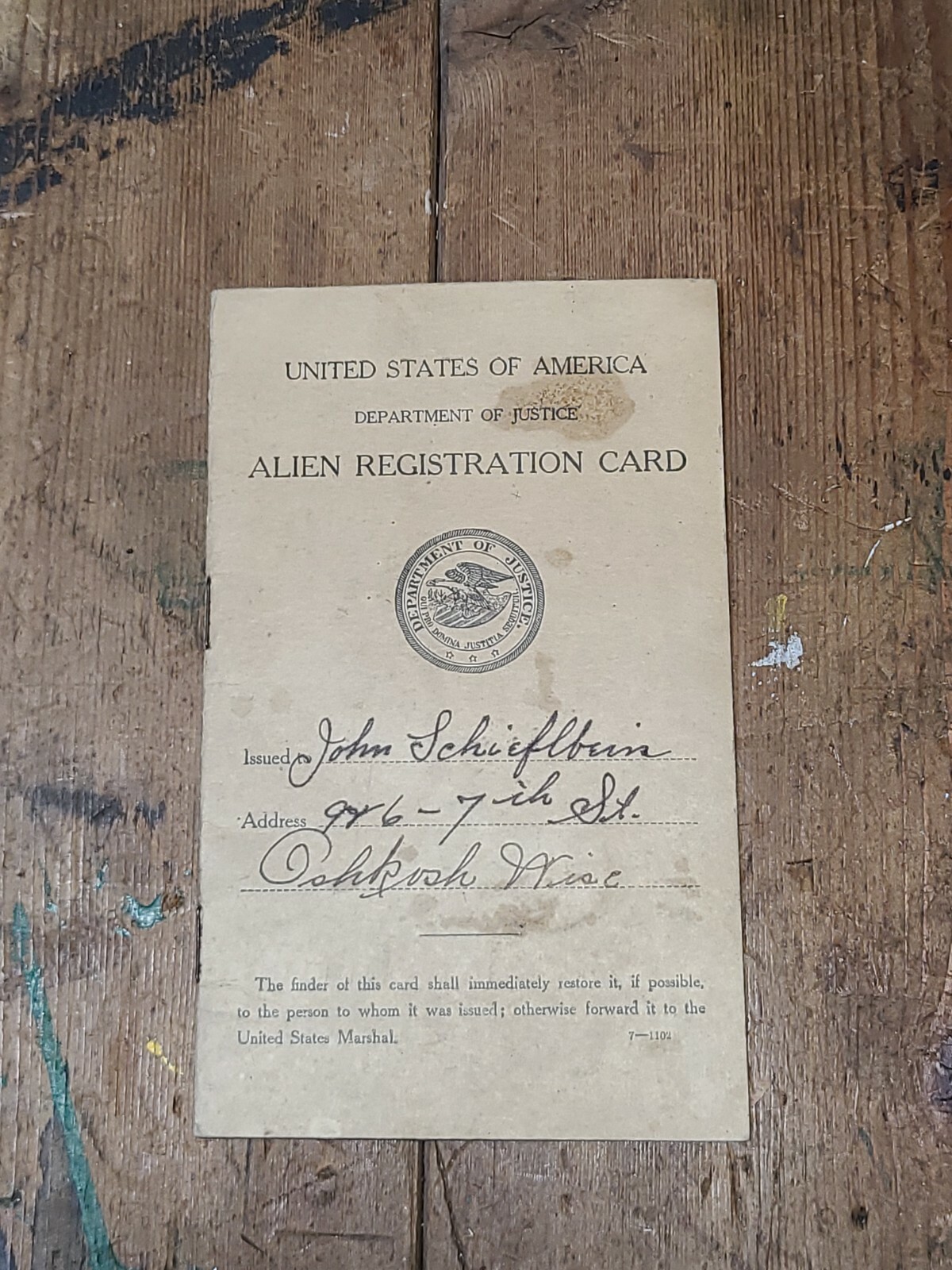 Ultra Rare WW1 US Department of Justice Alien Registration Card German ...