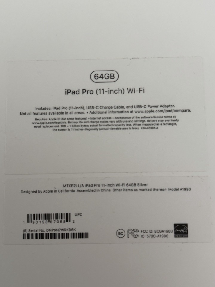 Apple iPad Pro 11-inch Tablet 1st Gen Model A1980 64 GB, Wi-Fi includes ...