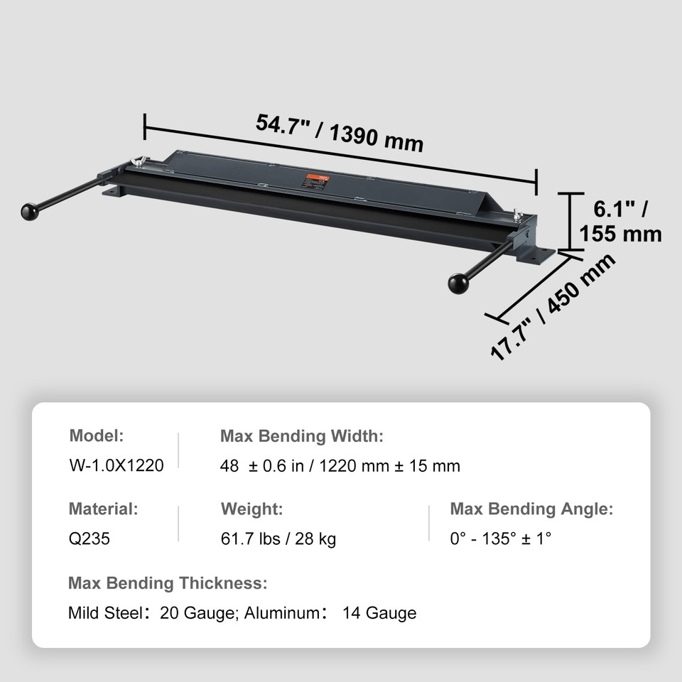 48 in Box And Pan Brake Metal Bender with 20Ga Low Carbon Steel, 14Ga ...