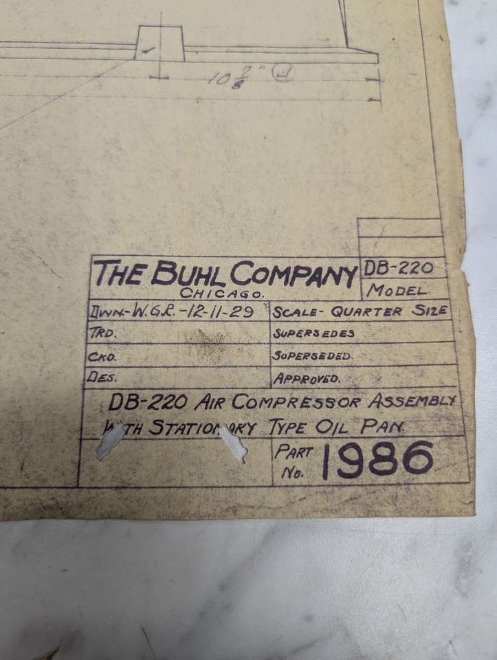 THE BUHL CHICAGO DB-220 MODEL AIR COMPRESSOR ASSEMBLY 1986 DRAWING ...