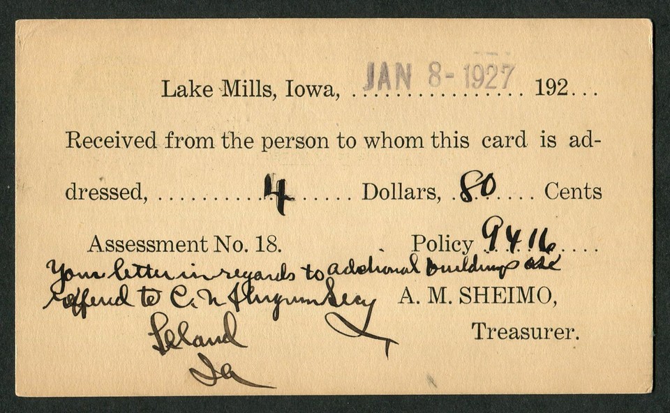 1927 Lake Mills IA to Fairmont MN Postal Card Insurance Receipt 1c ...