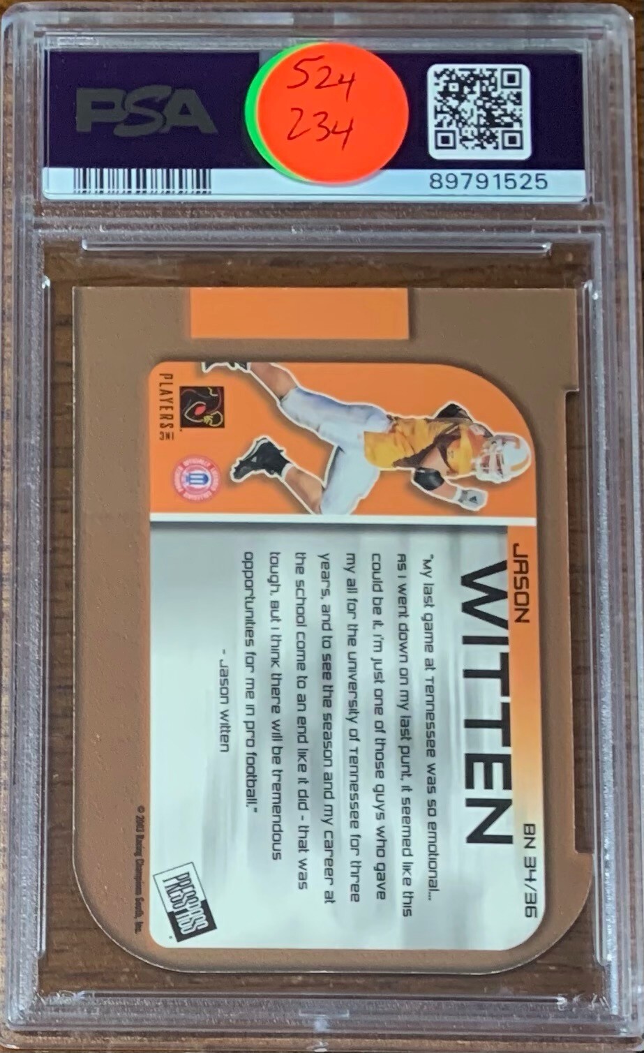 2003 Press Pass #34 Jason Witten Big Numbers Dallas Cowboys Rookie PSA ...